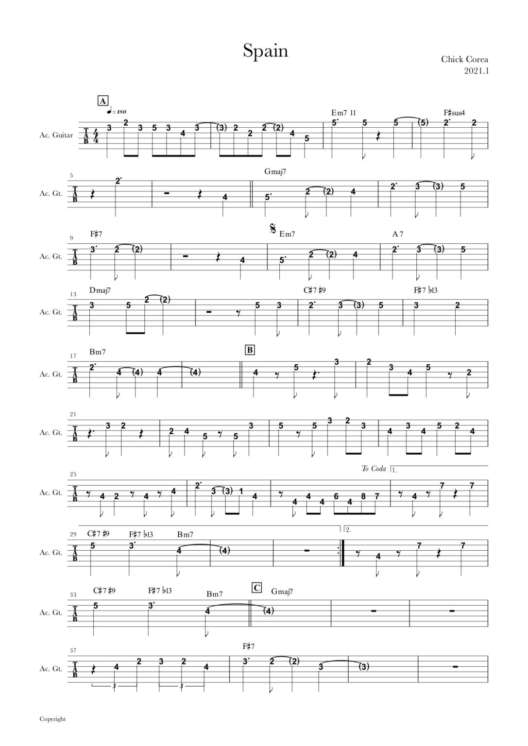 【TAB譜】Spain – Jazz Guitar | IIDAウクレレ・ギター教室